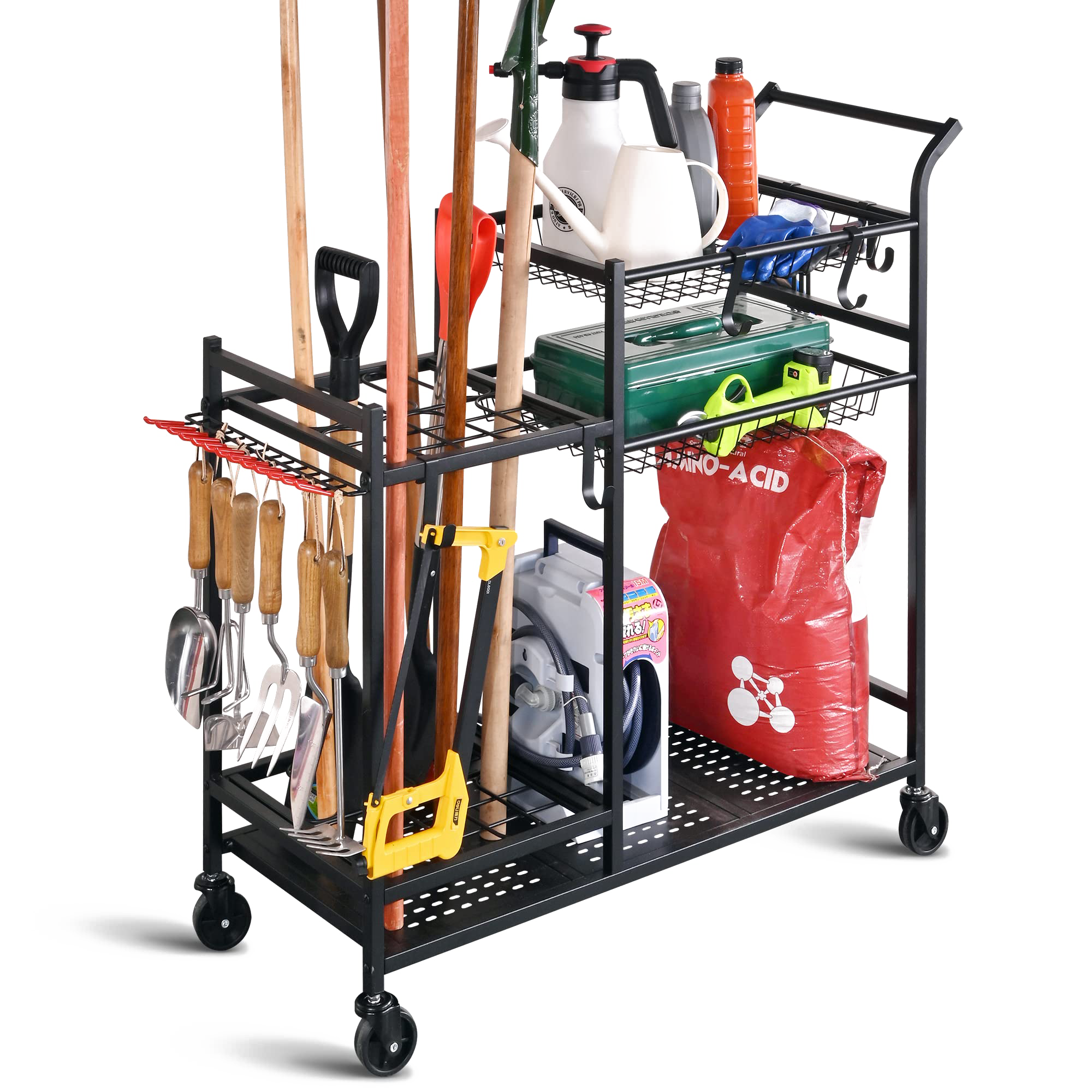 PLKOW Garden Storage Rack Cart with Wheels for Rakes, Shovel, Fertiliz